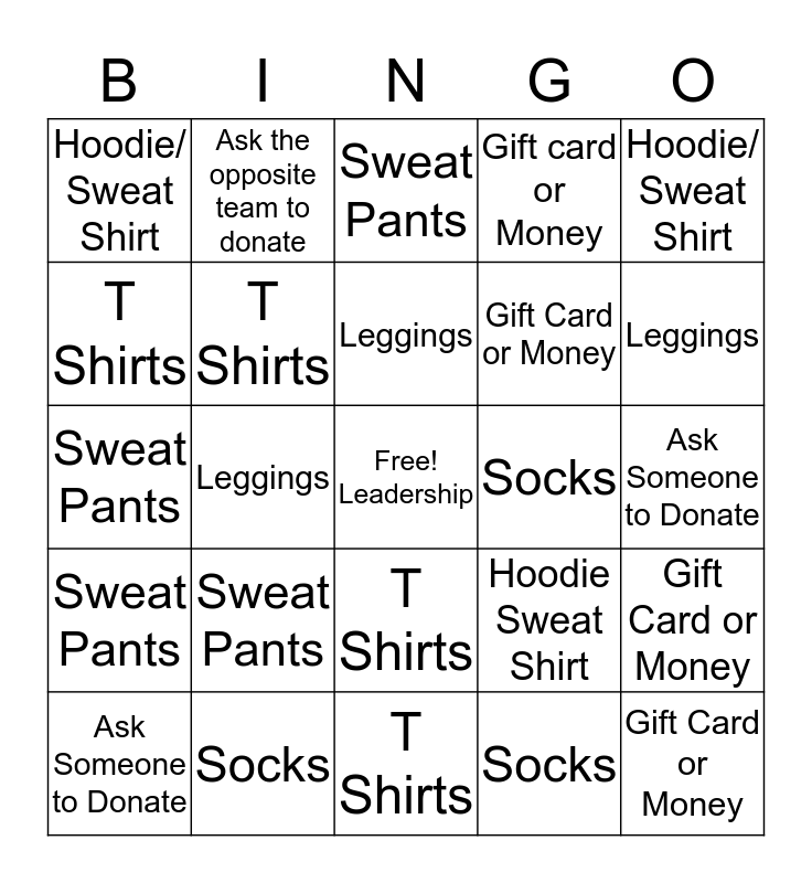 Fill the Duffel Bag Bingo Card