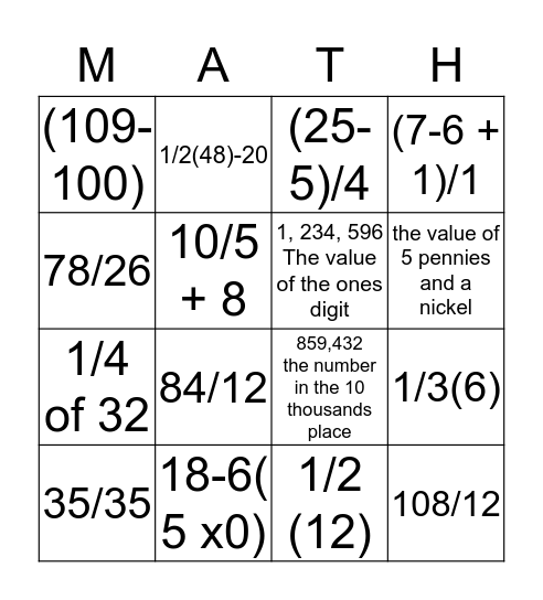M A T H Bingo Card