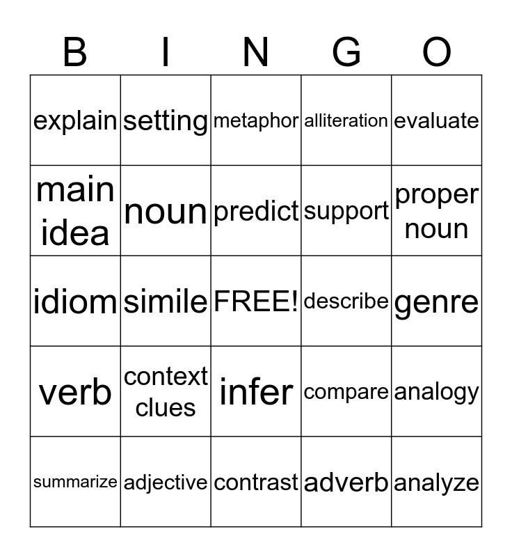 Power words Bingo Card