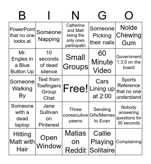 Toe Fingers Class Bingo Card