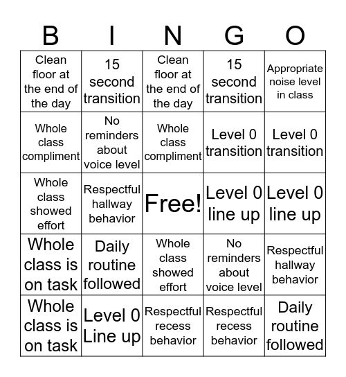 Class B Bingo Card