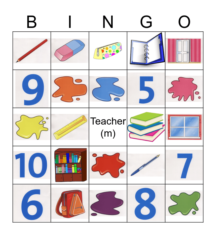 School Objects, Colours and Numbers Bingo Card