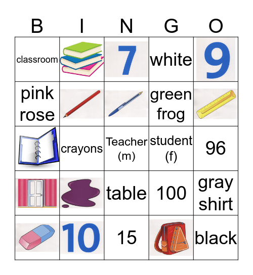 School Objects, Colours and Numbers Bingo Card