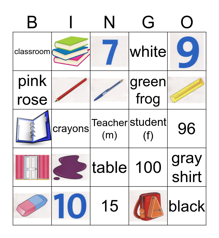 School Objects, Colours and Numbers Bingo Card