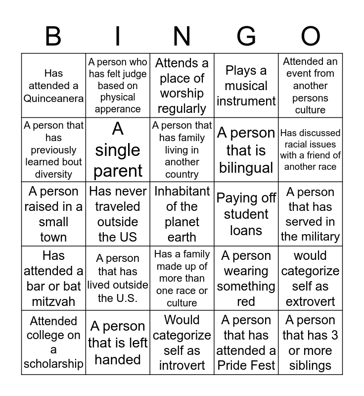 Diversity Bingo Card
