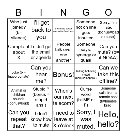 Telecon Bingo Card