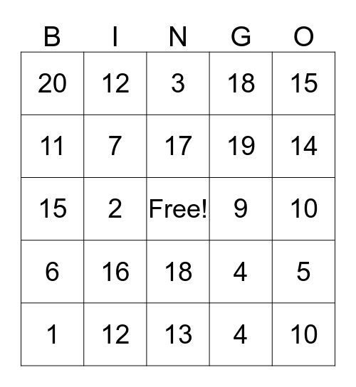 Numbers 0-20 Bingo Card