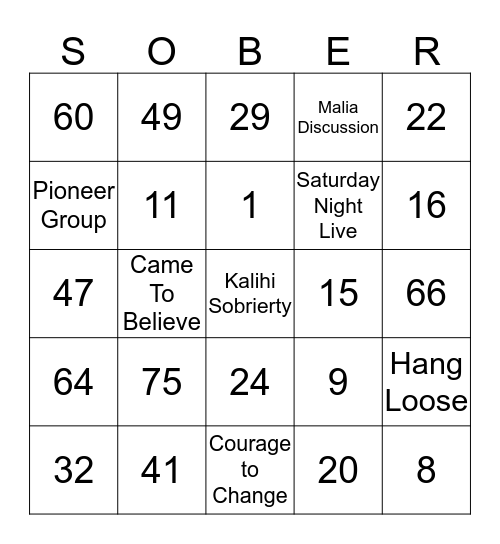 SOBRIETY BINGO Card