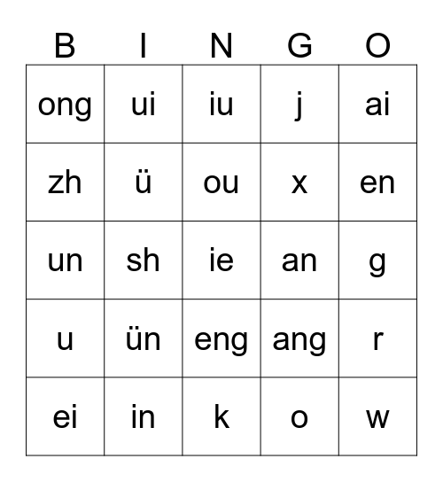 Pinyin Initials and Finals Bingo Card