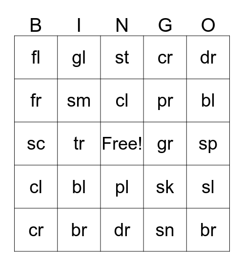 Consonant Cluster Bingo Card