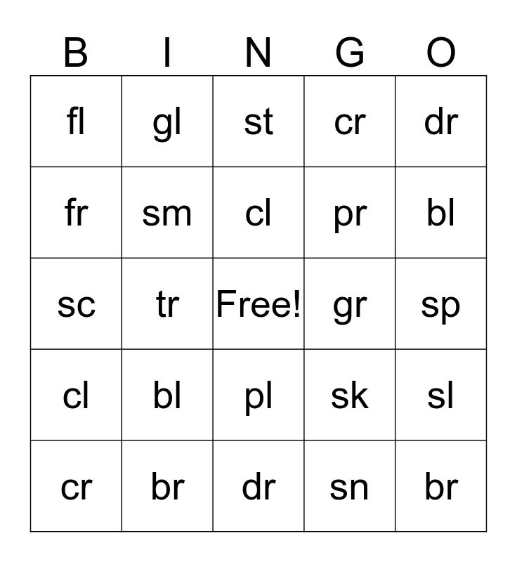 Consonant Cluster Bingo Card