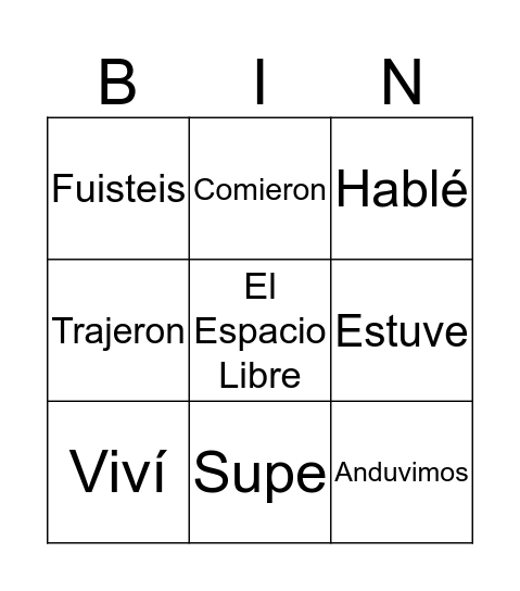 Verbos en el Pretérito Bingo Card