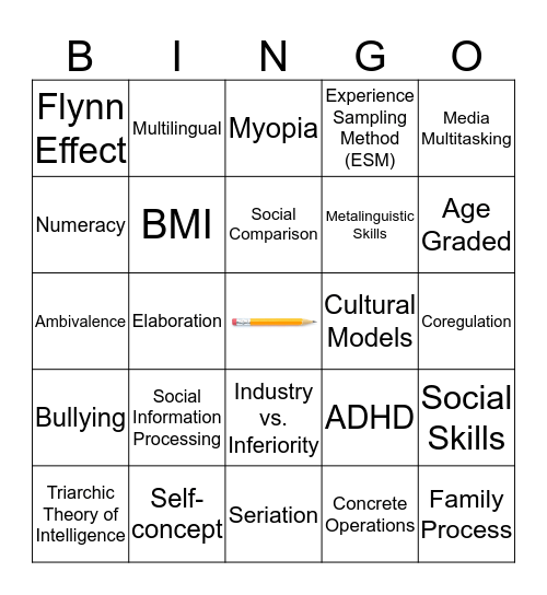 Middle Childhood Bingo! Bingo Card
