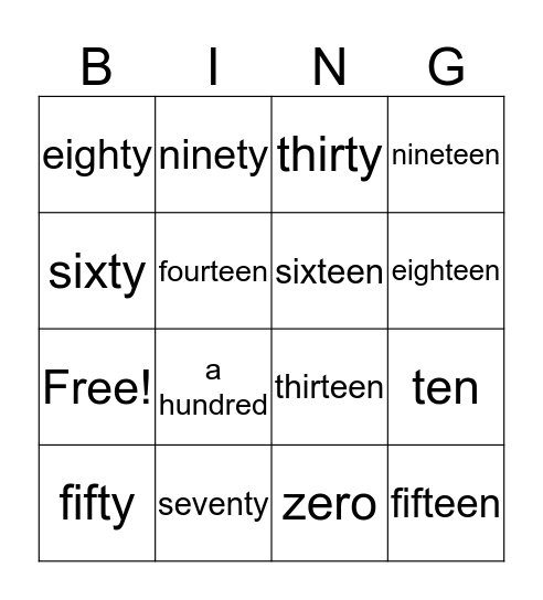Numbers tens and teens Bingo Card