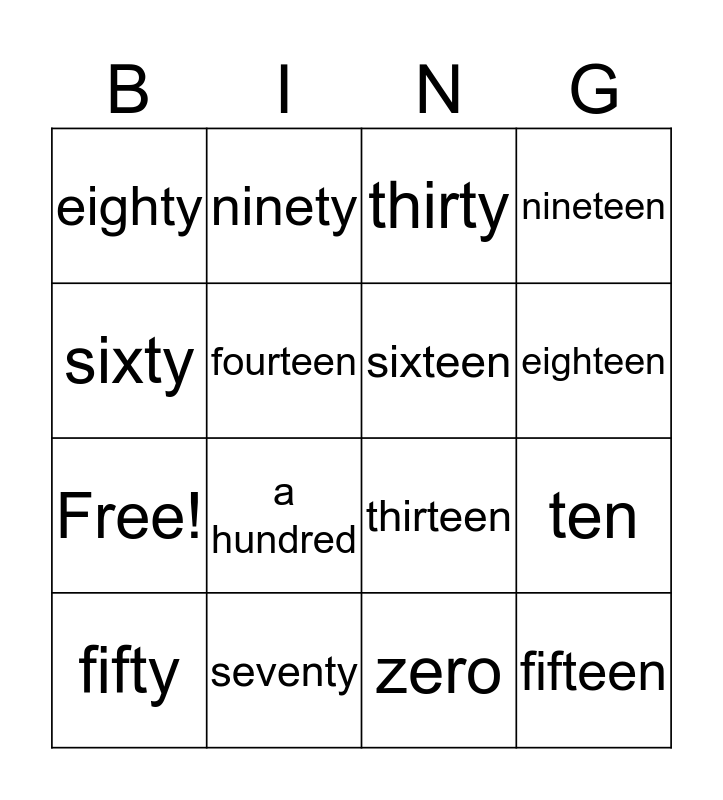 Numbers tens and teens Bingo Card
