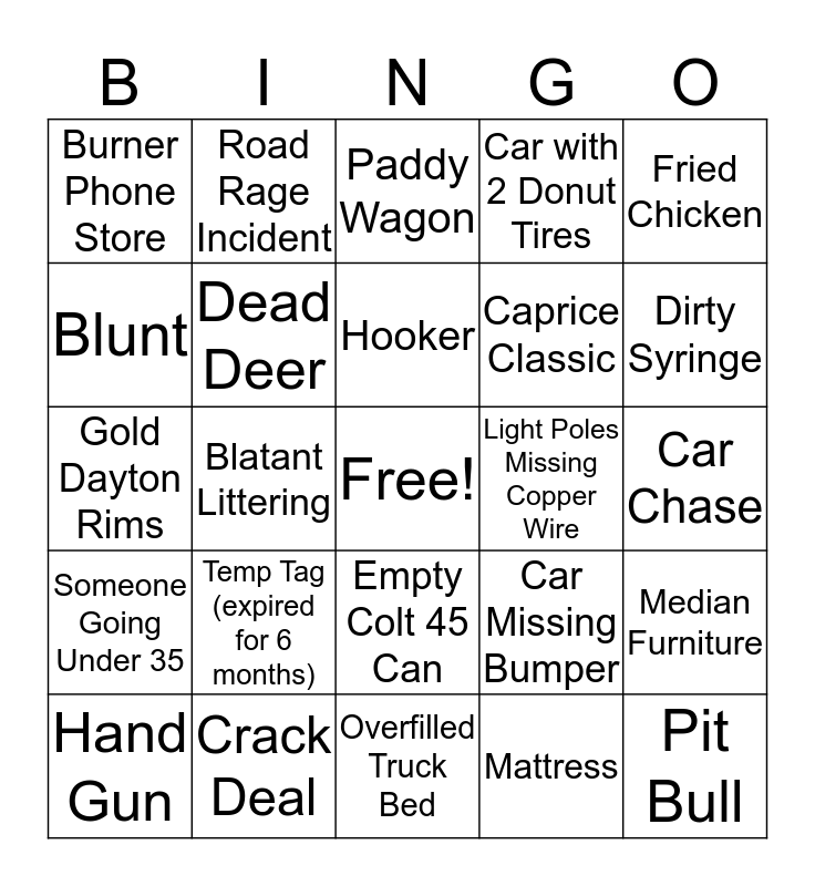 71 Highway Bingo Card