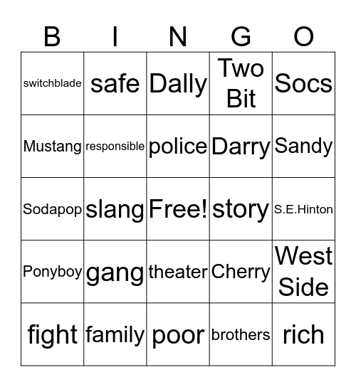 The Outsiders Bingo Card