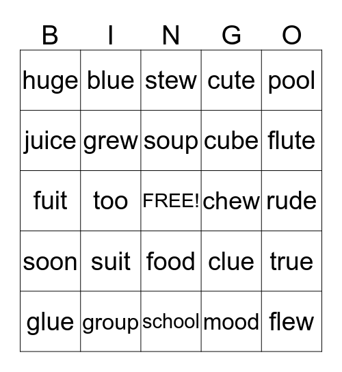 /oo/ (ue, oo, ew, ou) Bingo Card