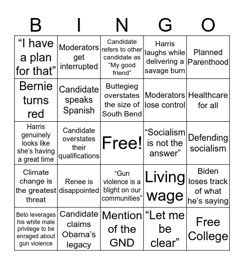 Dem Debate Bingo Card