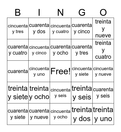 Los Numeros 31-60 Bingo Card