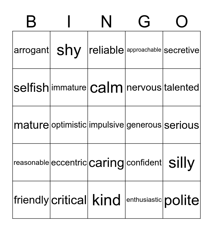 Personality traits Bingo Card