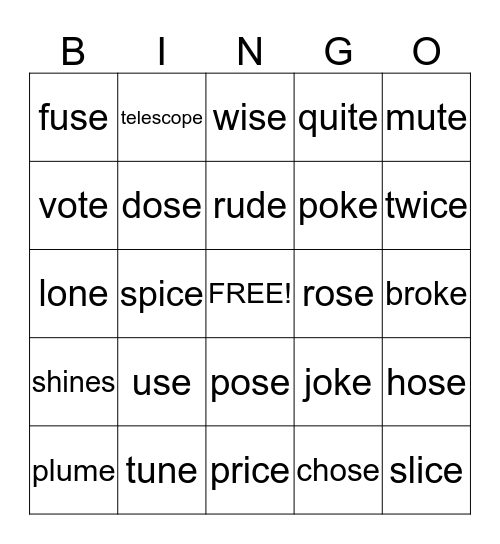 Long Vowel: CVCe Bingo Card