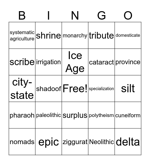 Early Humans/ Mesopotamia Show Bingo Card