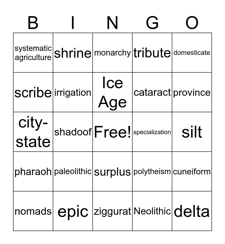 Early Humans/ Mesopotamia Show Bingo Card