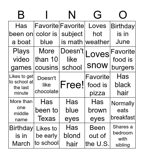 Junior High Real Life Bingo Card