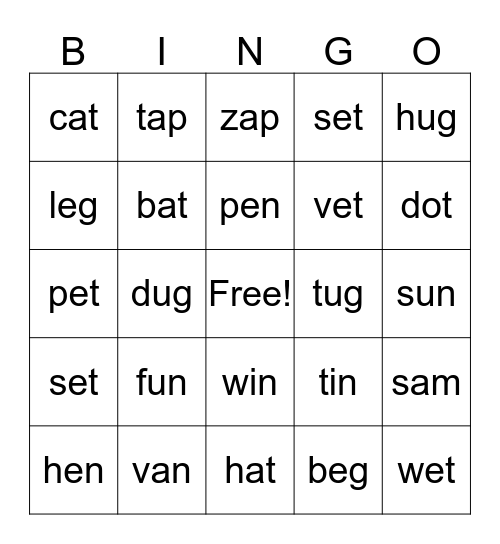 Word Family Bingo Card