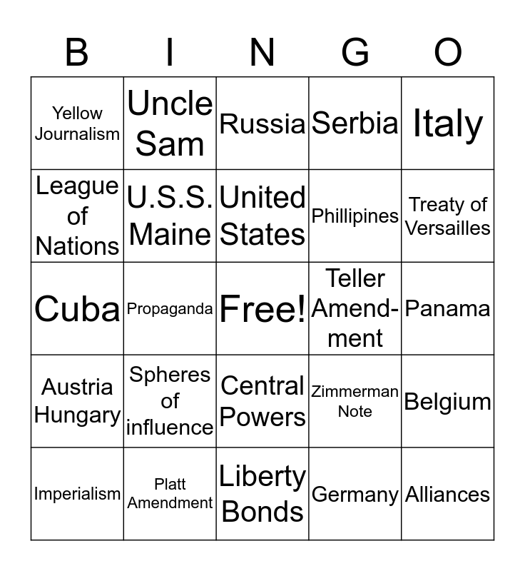 Imperialism and WW1 Bingo Card