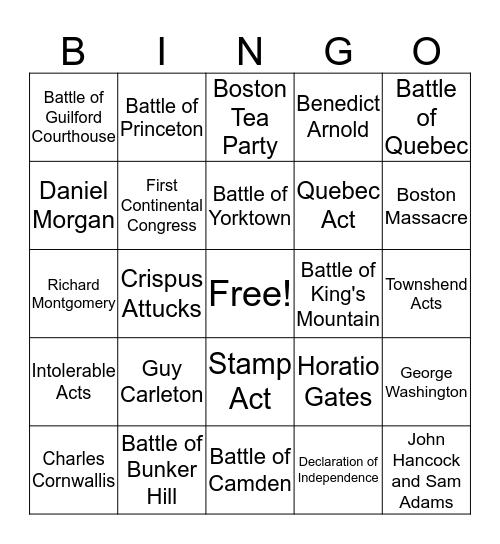 American Revolution Bingo Card