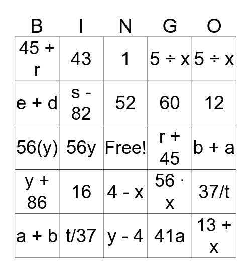 Algebraic Expressions Bingo Card
