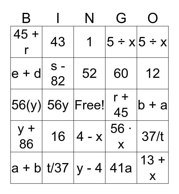 Algebraic Expressions Bingo Card