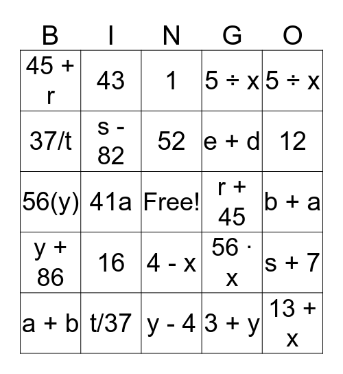 Algebraic Expressions Bingo Card