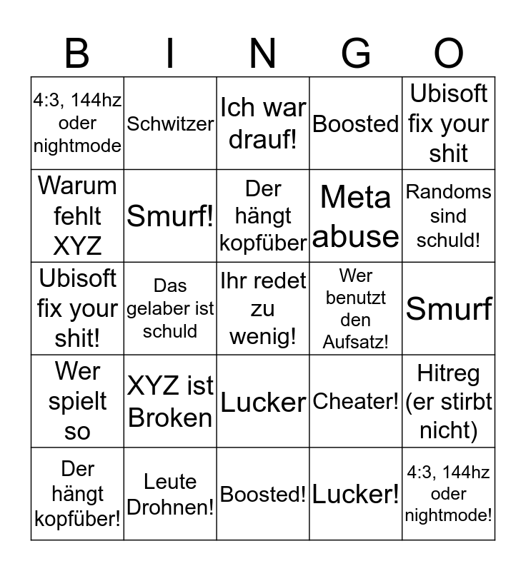 R6S Ausreden Bingo Card