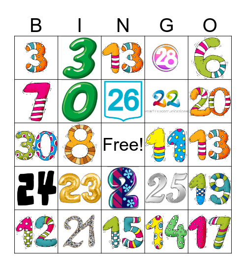 les nombres de 0 à 30 Bingo Card