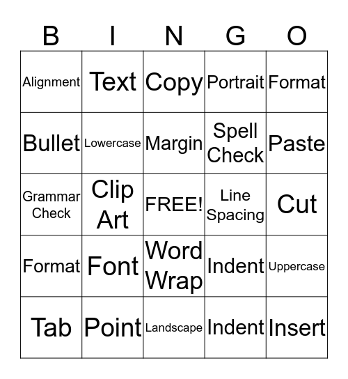 Word Processing Terms Bingo Card