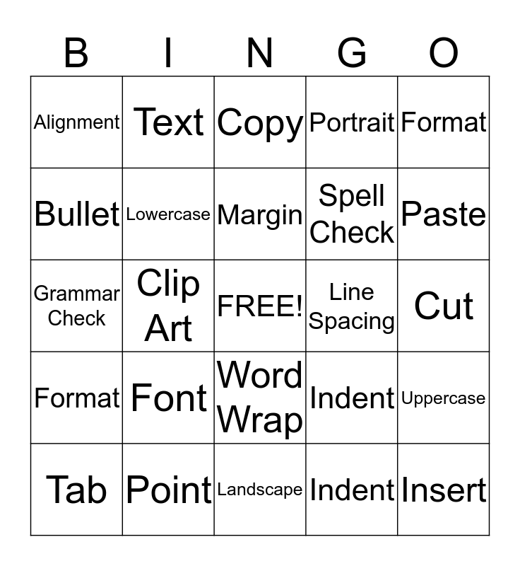 Word Processing Terms Bingo Card