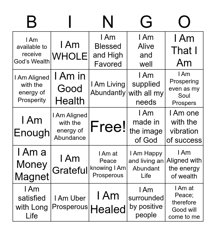 Affirmation Bingo Bingo Card