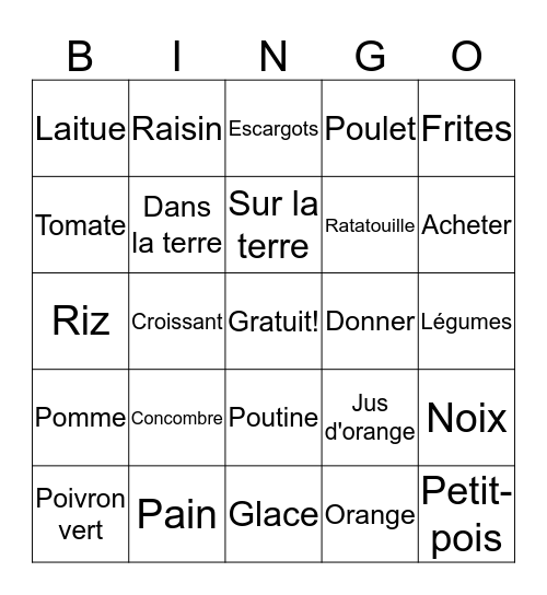 Les Aliments! Bingo Card