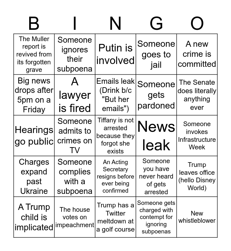 Impeachment Bingo Card
