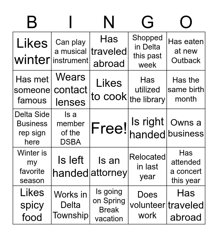 Delta Side Business Association Bingo Card