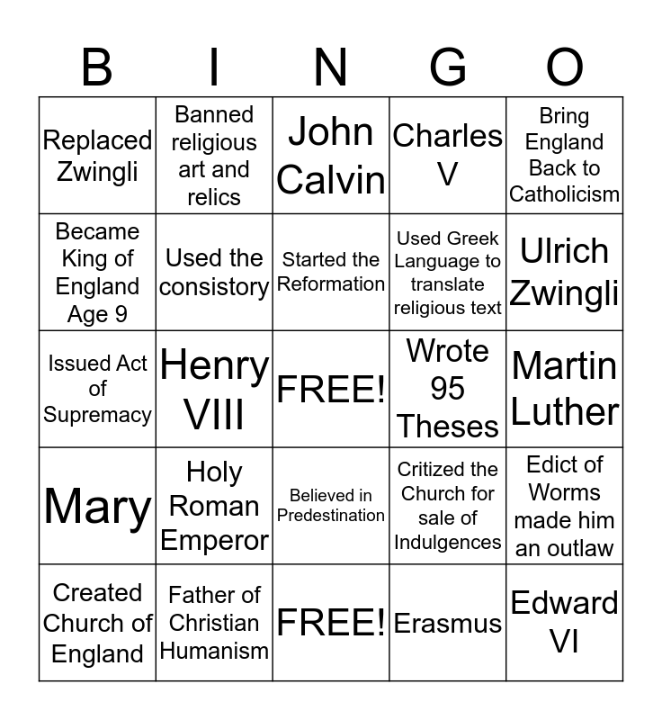 The Protestant Reformation Bingo Card
