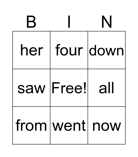 High Frequency Word BINGO Card