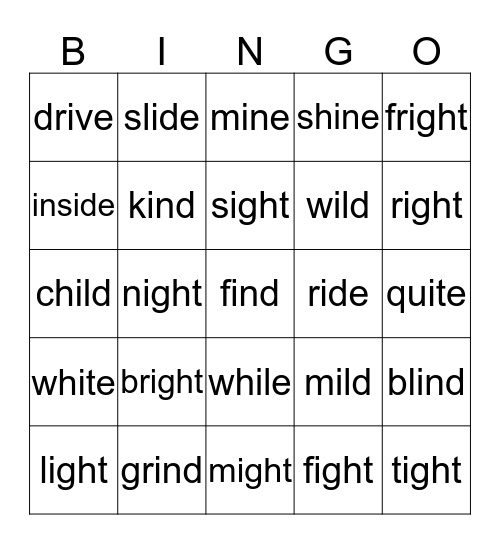 Long I Bingo Card