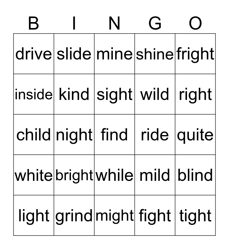 Long I Bingo Card