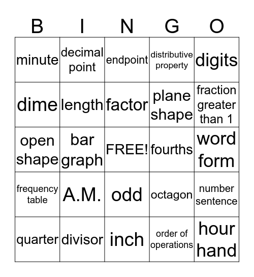3rd Grade Math BINGO Card