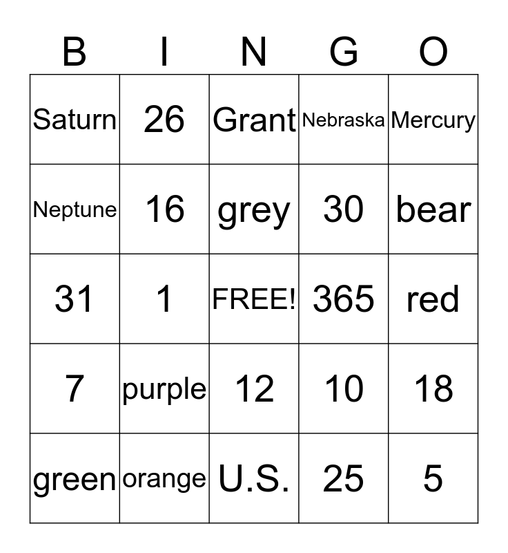 Knowledge Bingo Card