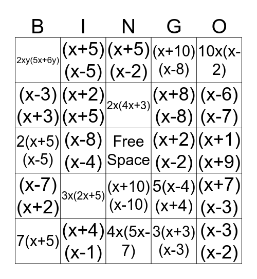 Factoring Bingo Card